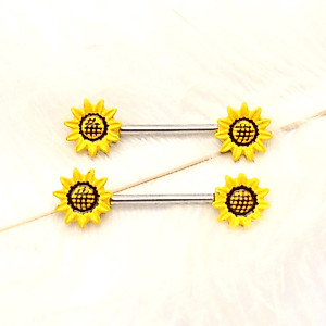 14G Stainless Steel Nipple Piercing Jewelry Nipplering Barbell Cute Sunflower Body Rings 9/16 Inch