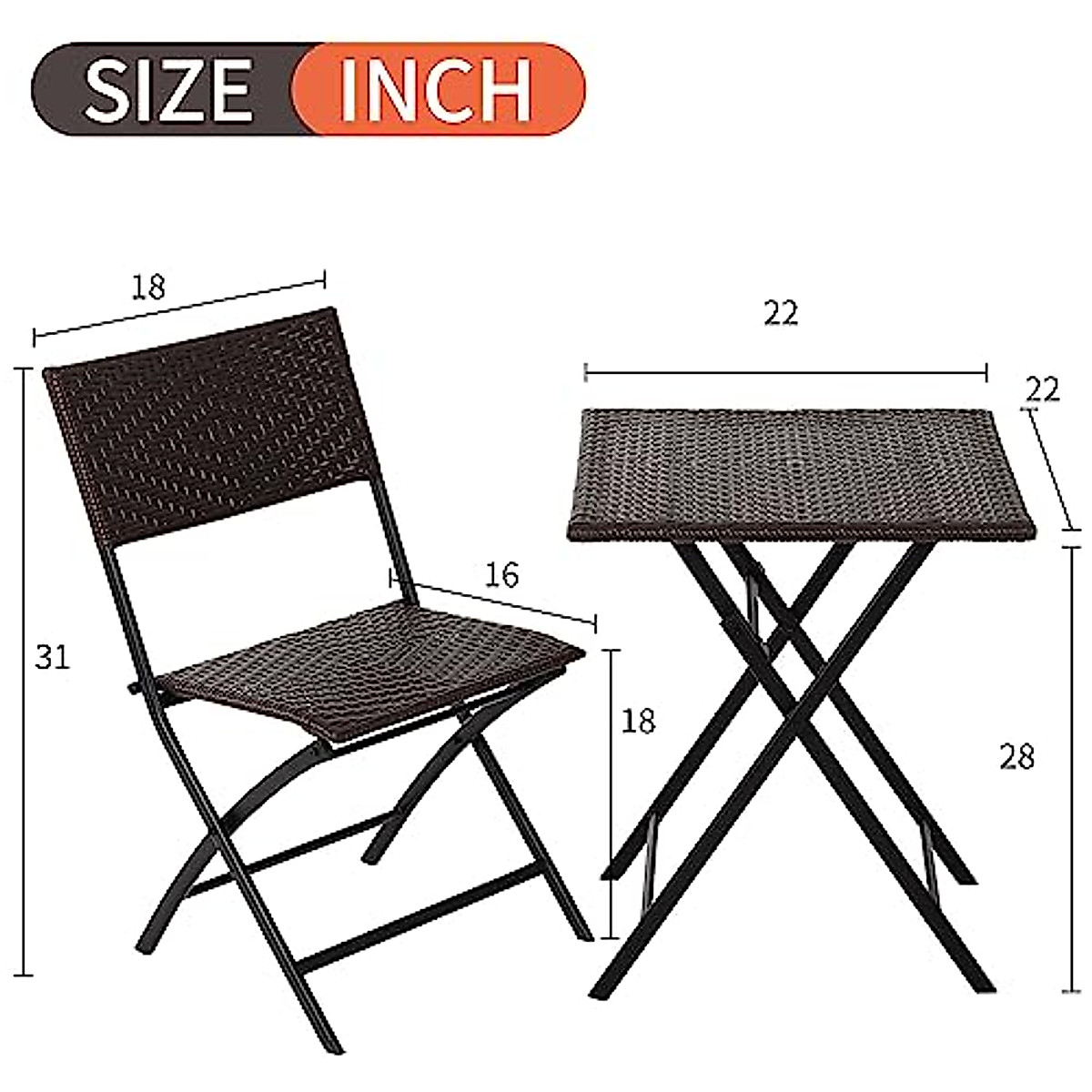 BLKMTY Patio Bistro Set 3-Piece Outdoor Patio Furniture Sets Rattan Table Set Folding Table and Chairs Foldable Wicker Bistro Set Balcony Cafe Table Square Patio Table Chair for Porch, Garden