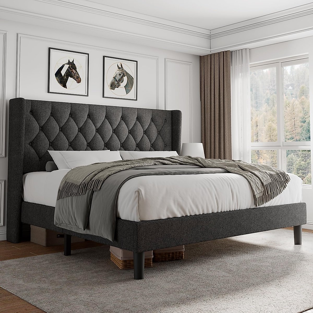 iPormis King Size Platform Bed Frame with Button Tufted Headboard, Upholstered Bed Frame with Solid Wooden Slats, 8" Underbed Space, No Box Spring Needed, Noise Free, Easy Assembly, Dark Gray