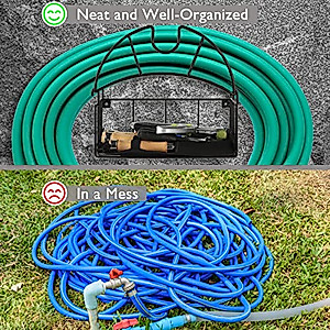 Lagute Garden Hose Holder with Tools Storage Basket Rack, Wall Mount Heavy Duty Water Hose Holder, Metal Hose Hanger Organizer Bracket for Outside Yard, Holds up to 100 ft. of Garden Hose, Brown
