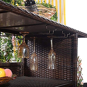 SPSUPE Outdoor Patio Rattan Bar Table, Wicker Bar Counter Table with 2 Steel Shelves and 2 Sets of Rails, 55.1"X 18.5"X 36.2" (L x W x H), Ideal for Garden, Backyard and Pool Side, Brown