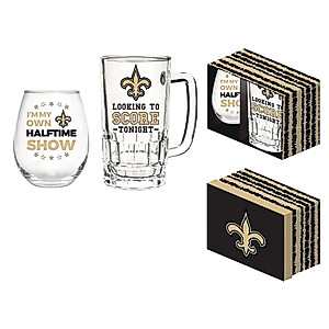 Team Sports America NFL New Orleans Saints, Stemless 17 OZ Wine Glass & Beer Mug 16 OZ Gift Set with Box | Keeps Drinks Cold | Officially Licensed