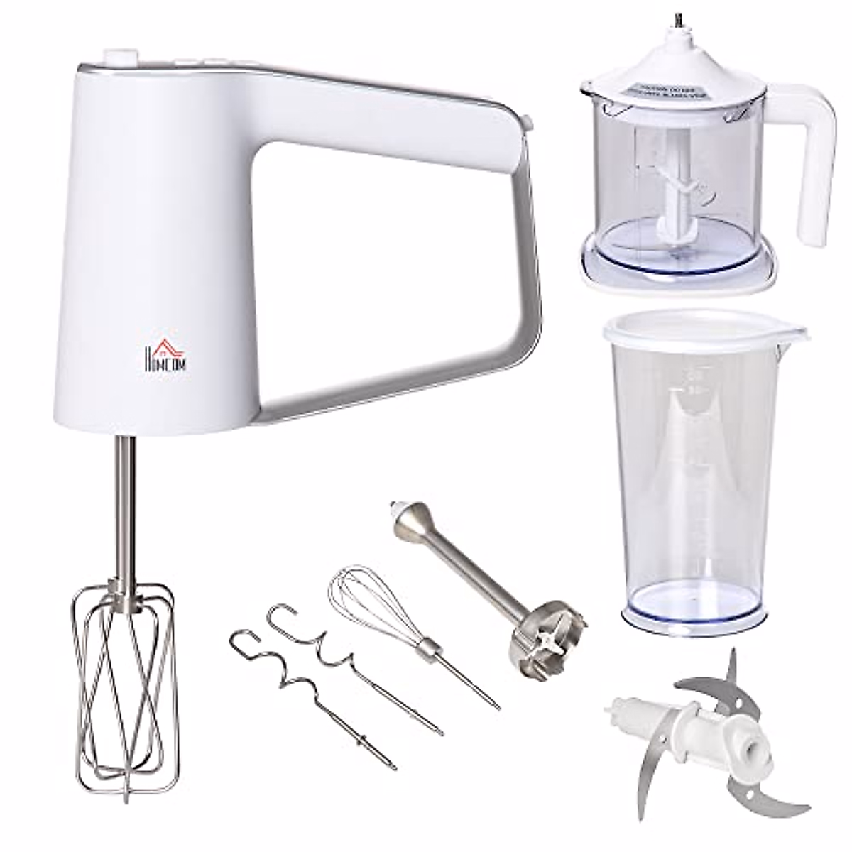 HOMCOM 5-in-1 Electric Hand Mixer, Handheld Mixer with Measuring Cup, 300W Immersion Blender with 5+1P Speeds, Dough Hooks, Chopper, Whisk and Mixers for Meat, Fruit, Mashed Potato and Milkshake