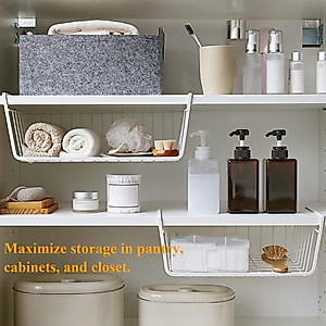 Tebery 4 Pack White Under Shelf Wire Basket Hanging Storage Baskets, Under Cabinet Add-on Storage Racks Slide-in Baskets Organizer for Kitchen Pantry Desk Bookshelf