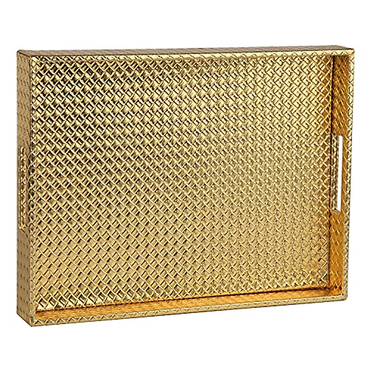 HofferRuffer Rectangle Serving Tray with Hole Handles for Coffee Table, Breakfast, Tea, Food, Butler - Countertop, Kitchen, Vanity Serve Tray, 16.2 x 12.2 x 2 inches, Faux Leather Tray (Gold)