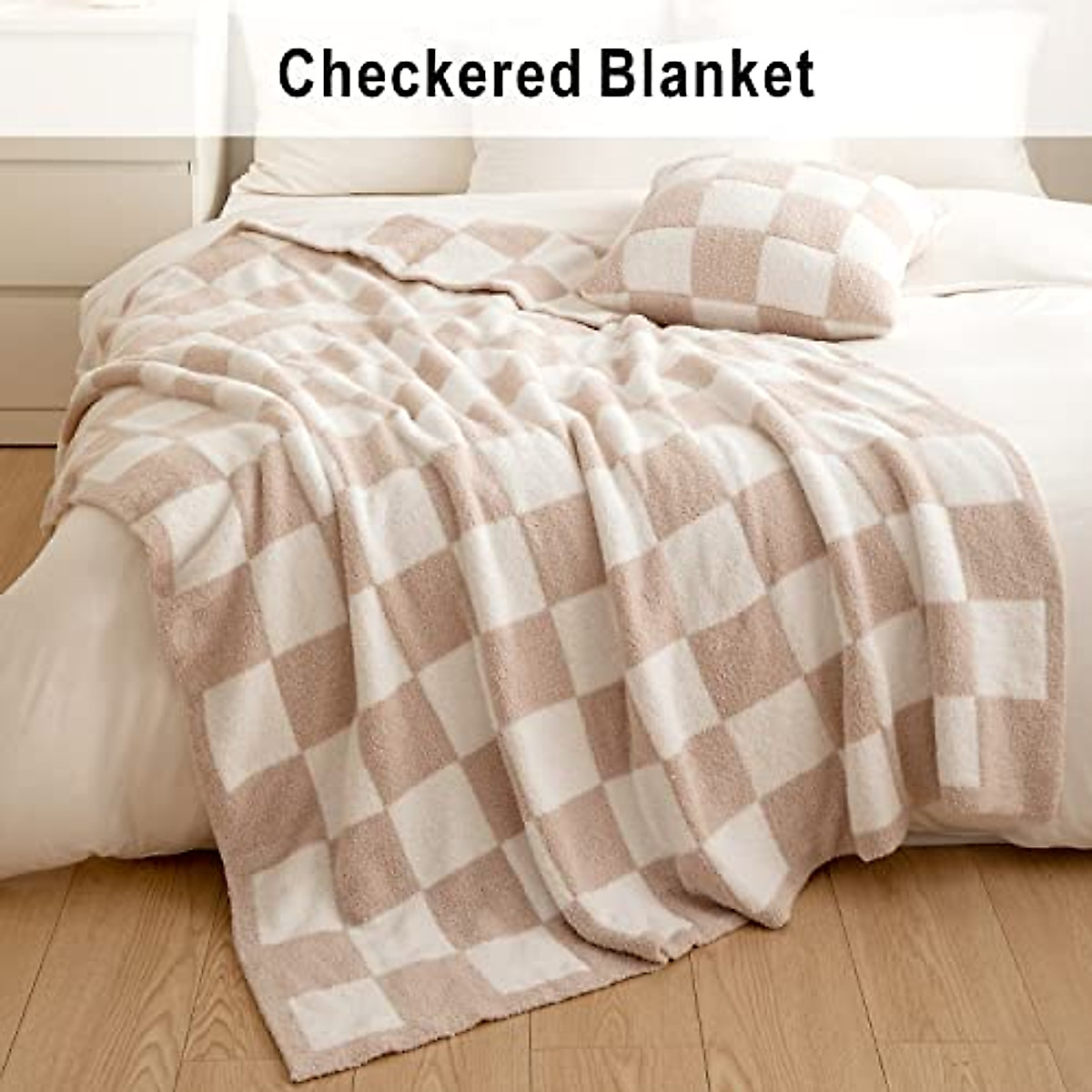 Throw Blanket with Checkerboard Plaid- Cozy Breathable All Seasons Soft Checkered Blanket Gingham Home Decor for Couch and Bed -Throw Size 51"x63",Light Khaki