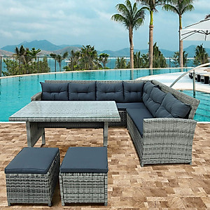 Merax Patio Dining Sets, PE Rattan Sectional Outdoor Patio Furniture Wicker Sofa with 2 Stools, Tempered Glass Table & Cushions, Grey+Dark Grey