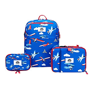 uninni Airplane Kids Backpack Set for Age 5+, with Insulated Lunch Bag and Cute Pencil Case, Lightweight, School and Travel Storage Organizers for Boys and Girls
