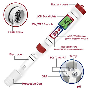 GIDIGI Digital pH Salinity Tester, 6 in 1 Salt pH TDS EC Temp ORP Meter, Multifunction pH Tester for Aquariums Pools, Spa, Hot Tub, Hydroponic, Drinking Water, Home Brewing etc