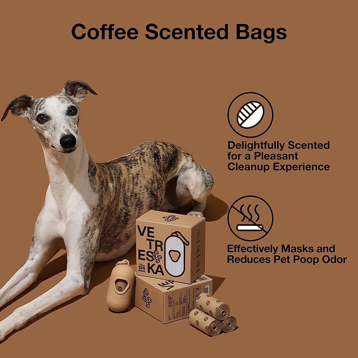 VETRESKA Dog Waste Bag Dispenser with Coffee Scent - Leak Proof, Extra Thick Pet Waste Bags - 1 Bag Holder, 105 Bags (7 Refill Rolls) for Dogs and Cats