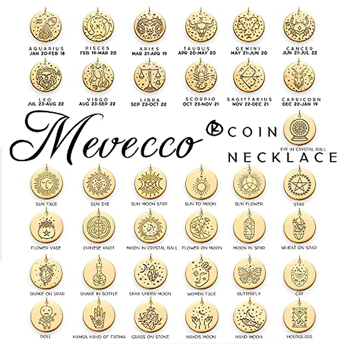 MEVECCO Gold Necklace Coin Disc Zodiac 12 Constellation Taurus Patterned Engraved Horoscope Sign Astrology Pendant 18K Gold Plated Chain Dainty Personalized Simple Jewelry