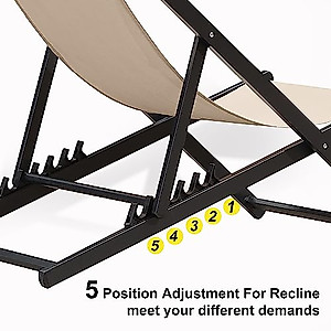 PURPLE LEAF Patio Sling Chairs Set of 2 Outdoor Portable Folding Beach Chairs Adjustable Reclining Chairs with Aluminum Frames and Cushioned Headrest, Beige