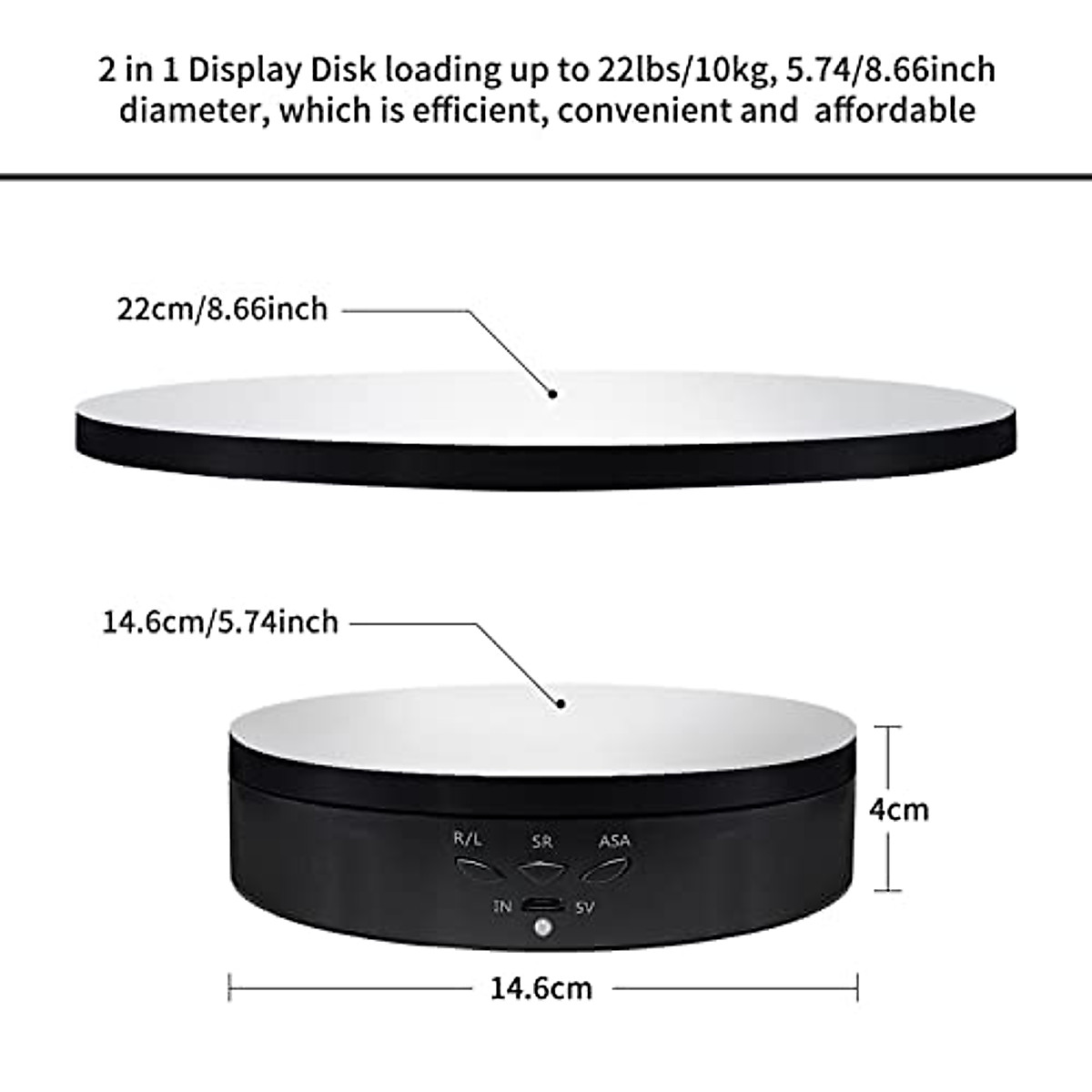 2 in 1 Motorized Rotating Display Stand with Mirror Sticker,Motorized Lazy Susan Turntable Spinning Display 5.74" with 8.7 Inch Replacement Cover for Photography Show Platform (Black,Without Remote)