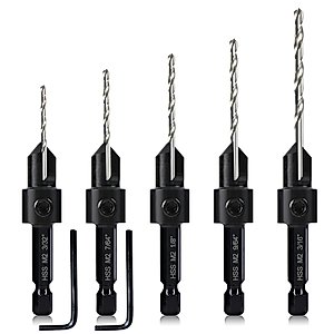 5-pc Woodworking Countersink Counterbore Drill Bit Set 3in1 for #6 8 10 12 16 Screws, M2 Pilot Drill Bits Adjustable Depth, 82-Degree Chamfer with Stop, 1/4” Hex Shank, Includes 2 Allen Wrenches