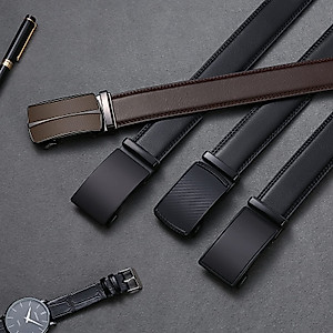 SENDEFN Men's Leather Belt Automatic Ratchet Buckle Slide Belt for Dress Casual Trim to Fit with Gift Box(A-black-42)