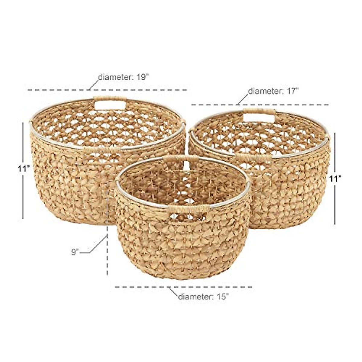 Deco 79 Seagrass Handmade Storage Basket with Metal Handles, Set of 3 15", 17", 19"W, Light Brown