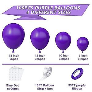 YAOWKY Purple Balloons Garland Arch Kit, 100PCS 18In 12In 10In 5In Purple Latex Balloons Garland Arch Kit with Glue Dot Strip and Ribbon for Birthday Weddings Anniversary Graduation Party Decorations