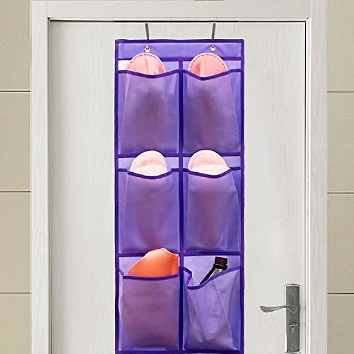 ANIZER Over The Narrow Door Shoe Organizer Hanging 6 Large Fabric Pockets Back Door Shoe Holder for Closet with 2 Hooks (PURPLE)