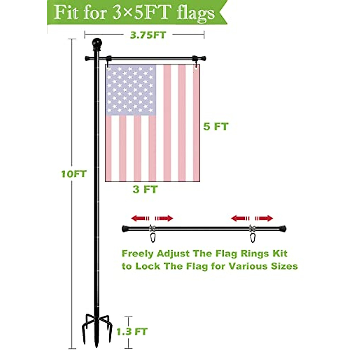 Koutemie 10FT Garden Flag Pole Stand with 5 Prong Base for 3x5 American ...