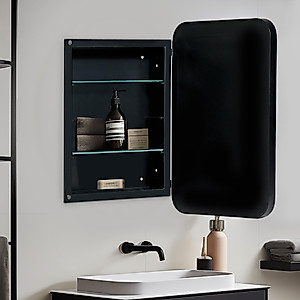 soges Black Medicine Cabinet Mirror with 2 Adjustable Storage Shelves, 24”x16” Recessed Medicine Cabinet with Mirror for Bathroom, Wall Mounted Deep Metal Framed Rounded Corner Rectangle