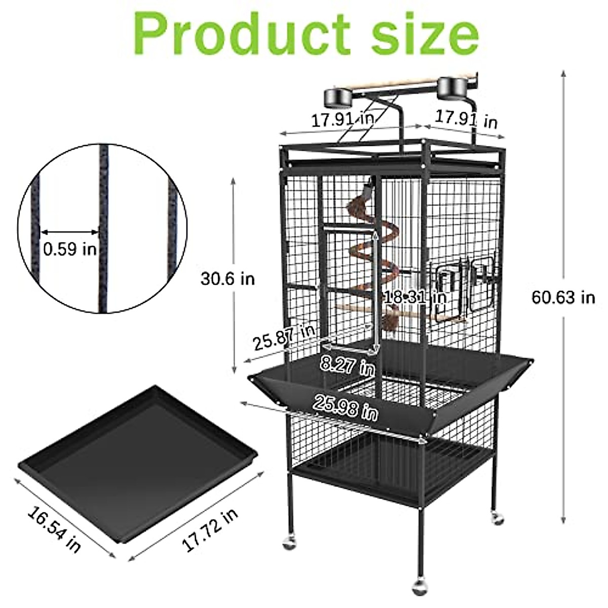 61'' Bird Cage, Large Bird Flight Cages Aviary with Rolling Stand & Bottom Tray, Wrought Iron Birdcage with PlayTop & Rope Bungee Bird Toy for Parakeet, Parrot, Lovebirds, Pigeons, Cockatiels, Macaw