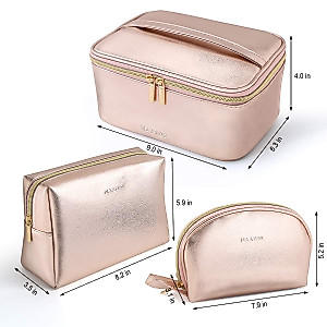 MAANGE 3 Pcs Makeup Bag Portable Travel Cosmetic Bag Large Makeup Bag Organizer with Gold Zipper Waterproof Toiletry Bags for Women and Girls(Rose Gold)