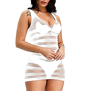 Vorifun Women Fishnet Lingerie V-Neck Sleepwear One Size One Piece Babydoll Mini Dress One Piece (White)