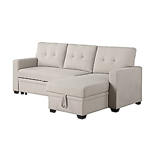 LOVMOR 82 inch L-Shape Sofa Sectional Couch Convertible Sleeper with Storage Chaise and Pull-Out Bed, Linen Upholstered Reversible Corner 3 Person Couch, for Living Room, Apartment
