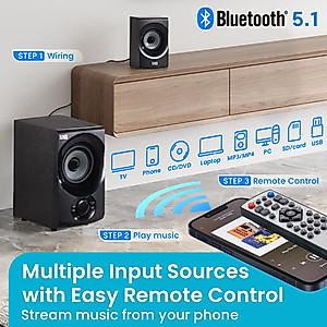 Acoustic Audio AA5172 700W Bluetooth Home Theater 5.1 Speaker System with FM Tuner, USB, SD Card, Remote Control, Powered Sub (6 Speakers, 5.1 Channels, Black with Gray)