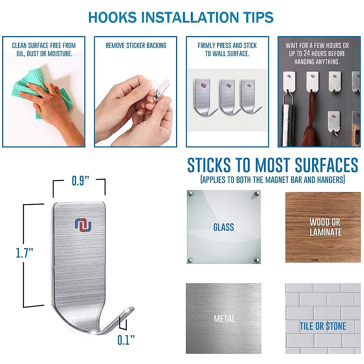 NUNET 16 Inch Stainless Steel Magnetic Knife Bar including 4 Hanger Hooks, Strong Magnet as Knife Rack/Strip, Kitchen Utensil Hanger, Garage Tool Holder & Home Organizer