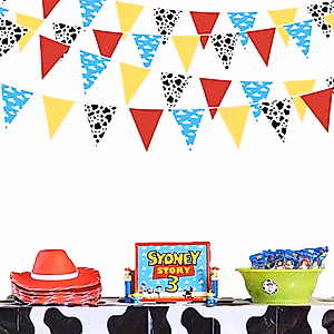 32Ft Cartoon Story Party Decorations Red Blue Yellow Toy Themed Story Fabric Banner Cloud and Cow Print Triangle Pennant Flag Garland Streamers for Kids Birthday Baby Shower Outdoor Garden Supplies