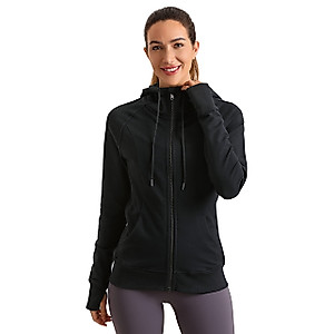 CRZ YOGA Women's Full Zip Hooded Sweatshirts Workout Sweat Jackets Slim Fit Running Track Hoodies with Thumbholes Black Large