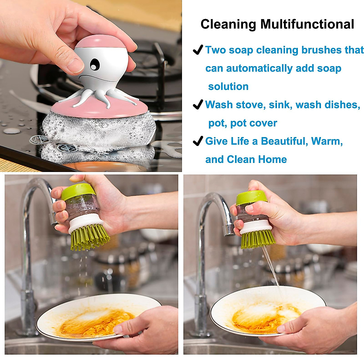 Soap Dispensing Brush(2 Pieces), Press to Automatically Add Liquid, Soap Dispensing Palm Brush Kitchen Brush with Holder for Pan Sink/Kitchen/Stove Sleaning—Pink Green