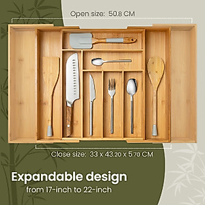 Bomba Bamboo Drawer Organizer – Premium Expandable Drawer Organizer for Cutlery and Kitchen Utensils – Natural Bamboo Wood Flatware and Cutlery Organizer – 8-Grid Silverware Tray for Drawer