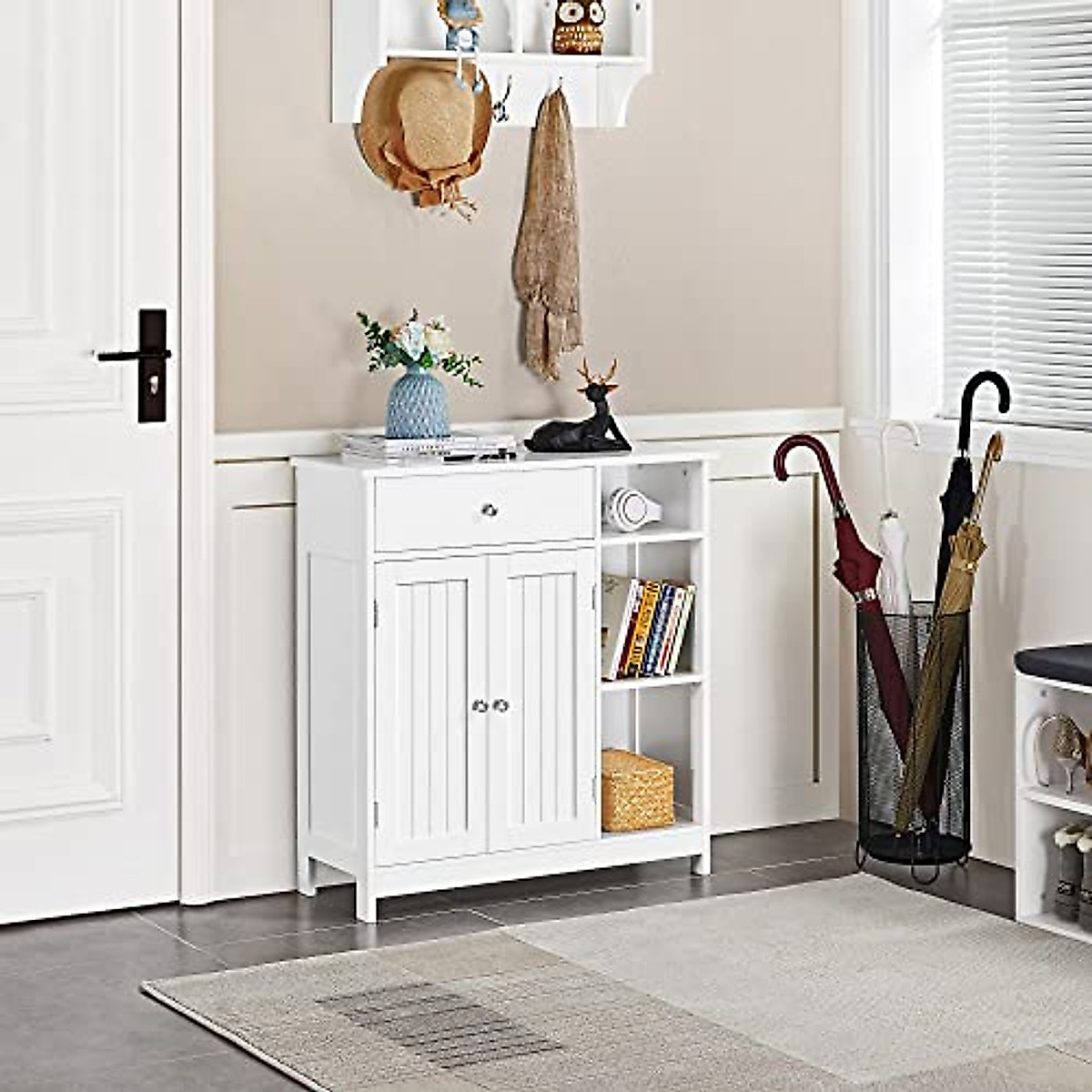 Yaheetech Bathroom Floor Cabinet, Kitchen Freestanding Storage Organizer, Large Side Cabinet with Doors, Drawer & Adjustable Shelves for Living Room, Entryway, 12" D x 29.5" W x 31.5" H, White