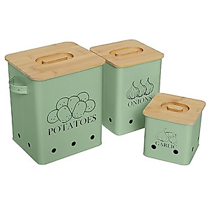 Xbopetda Potato Onion Garlic storage, Canister Sets for Kitchen Counter, Storage Set for Potato Onion Garlic, Kitchen Storage Bin Jars Pots with Aerating Tin Storage Holes & Wooden Lid - Green