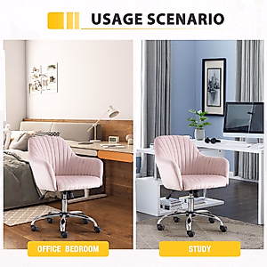 GEAIMQX Pink Velvet Vanity Desk Chair with Back and Wheels, Cute Makeup Chair for Vanity, Modern Swivel Rolling Chair for Bedroom Home Office Makeup Room, Adjustable High Silver Legs (Pink)
