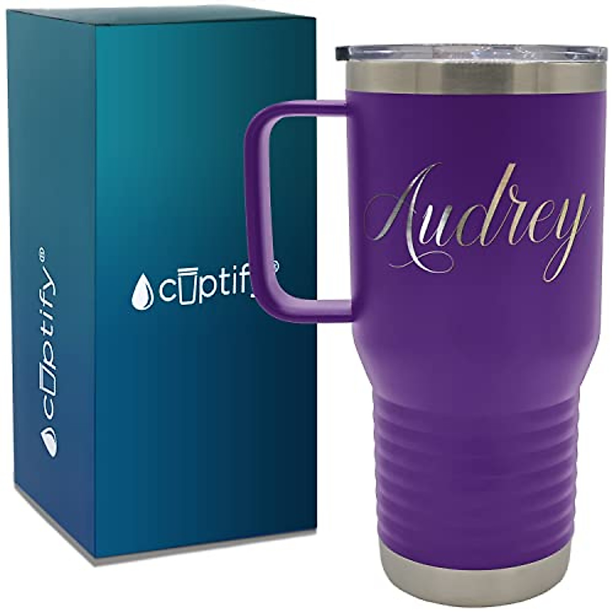 Personalized Travel Mug with Handle and Name Purple Matte Finish Custom Laser Engraved 20 oz Stainless Steel Vacuum Insulated Coffee Cup with Lid