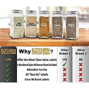 670 Labels: 498 Spice Names + 96 Blank Labels | Most Bold Cursive Preprinted Black & White Letters Label Set | Alphabetized Spice Label System by KITCHEN ALMIGHTY | Spice Jar Labels Spice Organization