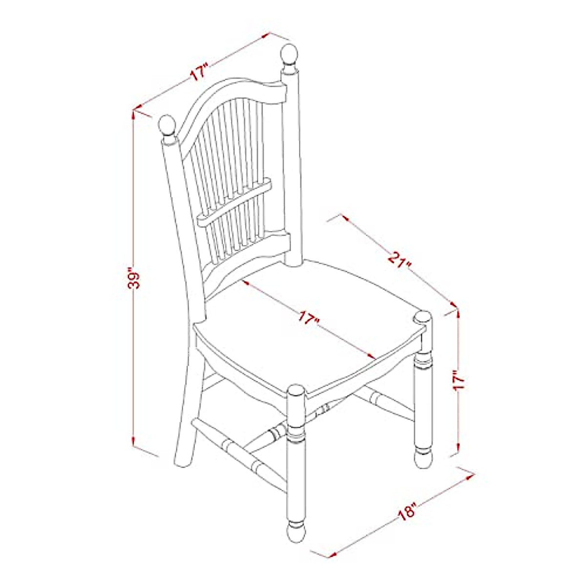 East West Furniture Dover Dinette Slat Back Wooden Seat Dining Chairs, Set of 2, DOC-WHI-W