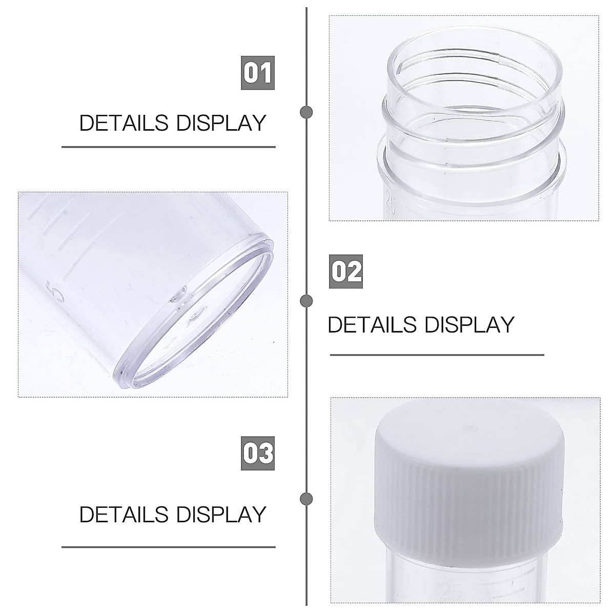 Baluue 50pcs Plastic Test Tubes Screw Caps Small Bottle Vial Storage Sputum Sample Vial Container for Lab Specimen Organizer 25ml