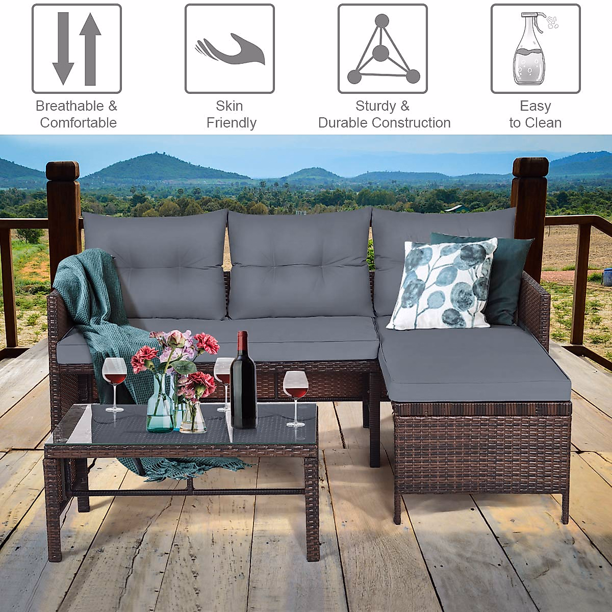 COSTWAY 3PCS Patio Wicker Rattan Sofa Set Outdoor Sectional Conversation Set Lawn Garden Gery