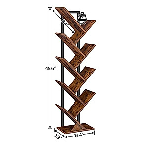 HOOBRO Tree Bookshelf, 9-Tier Bookcase Wooden Shelves, Floor Standing Storage Rack, for Display of CDs, Books in Living Room, Home Office, Wood Storage Rack for Bedroom, Rustic Brown BF08SJ01