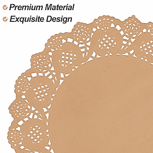MCEAST 100 Pack Round Brown Kraft Paper Doilies 13.5 Inches Lace Paper Place Mats Rustic Scallop Doily Disposable Paper Table Pads for Food Cakes Crafts Party Weddings Tableware Decor