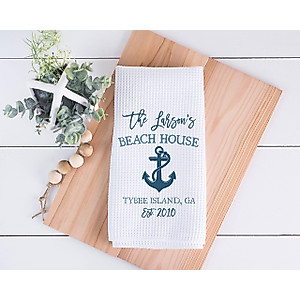 CANARY ROAD Personalized Beach House Kitchen Towel, Personalized Beach House Tea Towel, Family Name, Beach Kitchen Decor, Waffle Weave Towel, Coastal Gift, Beach Housewarming