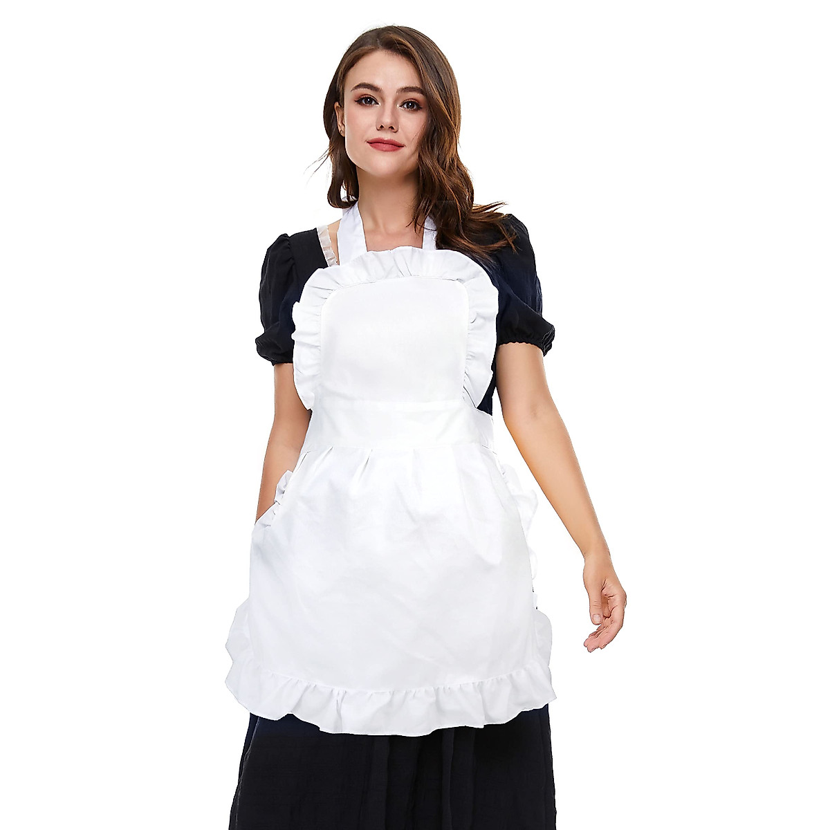 LilMents Women's Ruffle Outline Retro Apron Kitchen Cake Baking Cooking Cleaning Maid Costume (White)