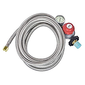 Generep Adjustable Propane Tank Regulator 0-30 PSI,12 Foot High Pressurepropane Hose with Gauge/Indicator,More Durable Stainless Steel Braided Gas Hose and LP Gas Regulator(12 FT)