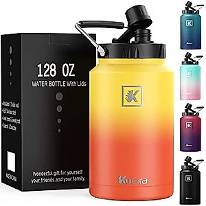 Insulated Water Bottle with Double Walled, Koeka One Gallon Wide Mouth Vacuum Insulated Leak Proof Stainless Steel Thermos with Straw, 128OZ Thermo Mug, Hot Cold, Hiking, Sports, Outdoor, Fire Cloud