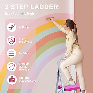 Step Ladder Folding 2 Step Stool Adult with Wide & Anti-Slip Pedals Ergonomic Portable Steel Ladder for Household, Kitchen, Office 330LBS (Pink, 2 Step)