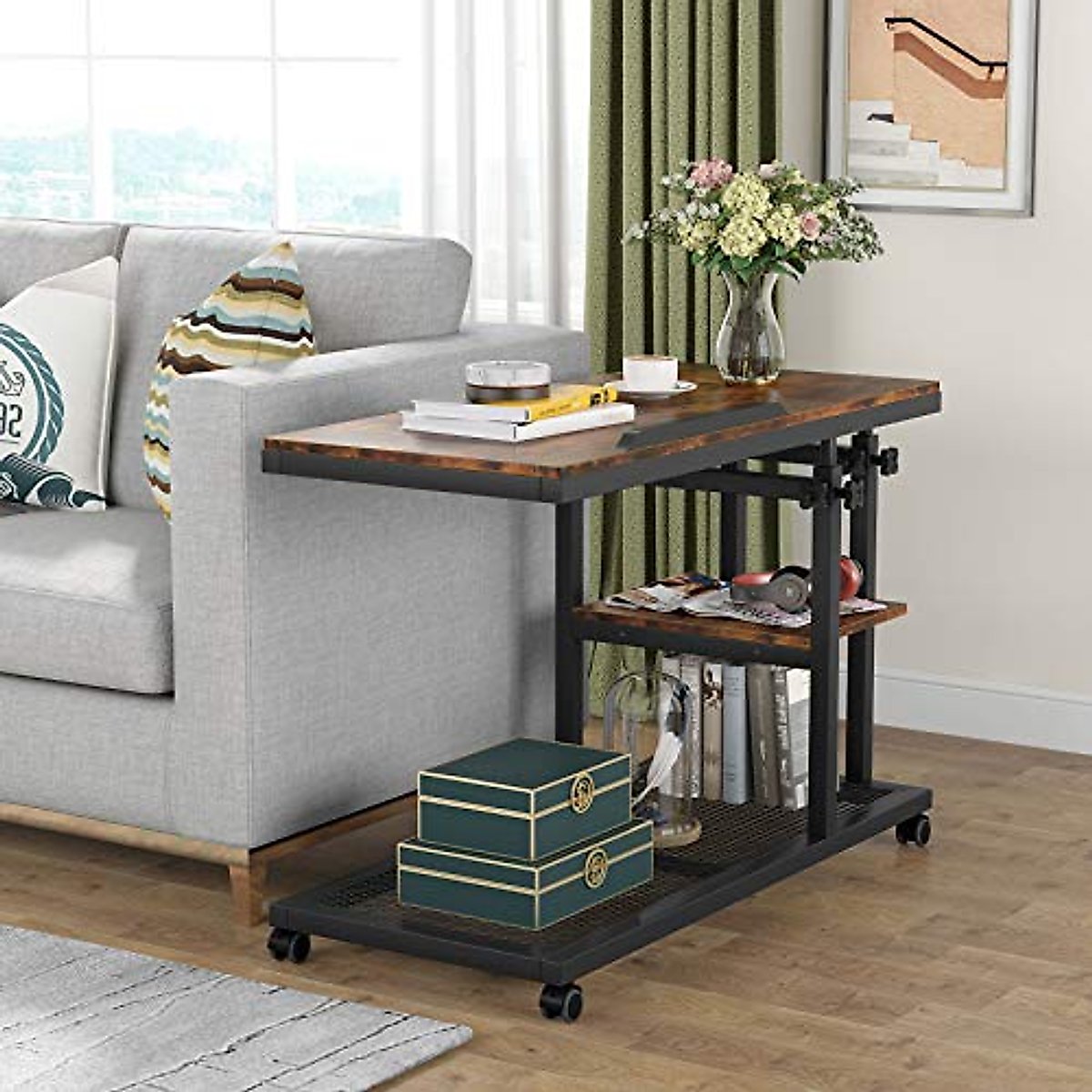 Tribesigns Height Adjustable C Table with Wheels, Mobile Couch Snack Side Table with Tiltable Drawing Board, Sofa Bedside Laptop Stand C Shaped TV Tray with Storage Shelves (Brown)